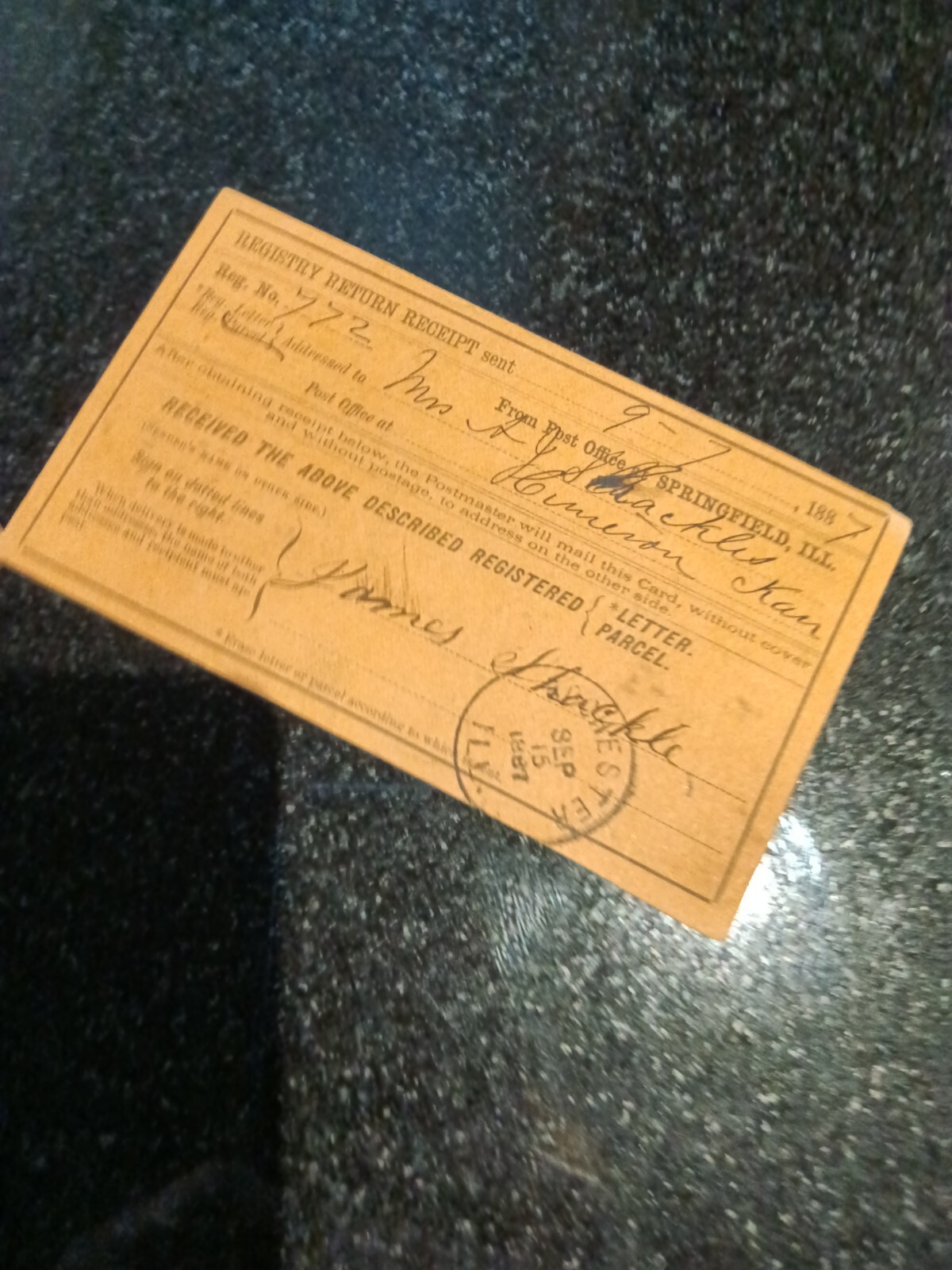 ANTIQUE 1887 POST OFFICE ROCHESTER REGISTRY RETURN RECEIPT SIGNED 5 ...
