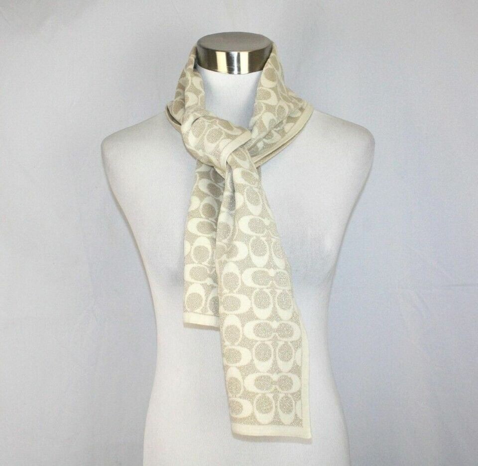 NEW COACH SCARF REVERSIBLE CASHMERE CREAM/BEIGE WITH SPARKLE THREADS | eBay