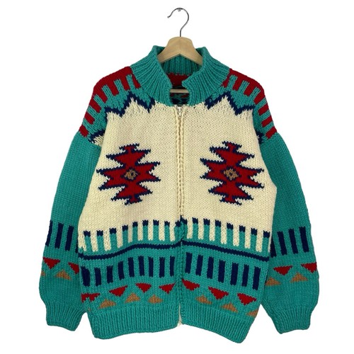 Hand Knit Aztec Shawl Collar Navajo Southwestern VTG Cardigan Sweater ...