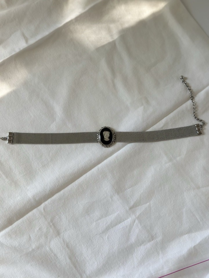 Vintage Whiting Davis Cameo Collar Necklace Silver Tone Mesh Statement ...
