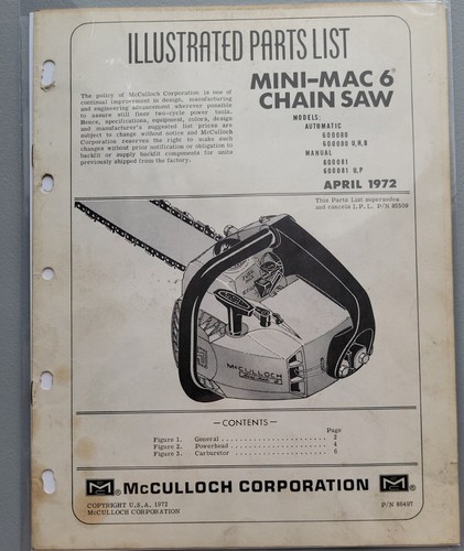 1972 Original McCulloch Power Mini Mac 6 Chainsaw Illustrated Parts ...