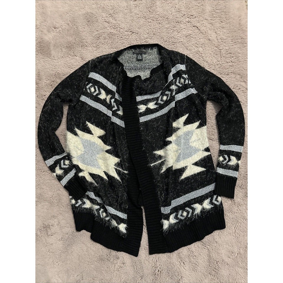 BCBG Cardigan Sweater Top Aztec Knit Open Drape Front Black Silver Long ...
