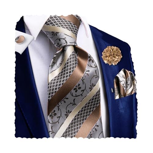 Mens Silk Ties Lapel Pin Handkerchief Cufflinks Set Brown Floral | eBay