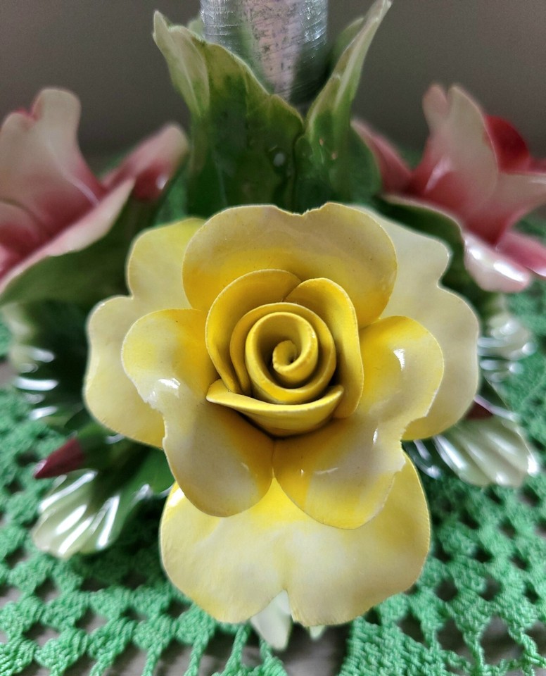 Antique Nuova Capodimonte Porcelain Pink Roses 4" High Candleholder ...