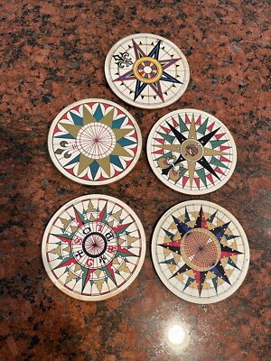 1992 OLD vintage coasters set of 5 Compass Map Novelty Cork Backs Wheel ...