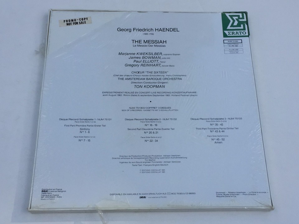 HANDEL SEALED Messiah MINT Ton Koopman PROMO 3 lps Box set Amsterdam ...