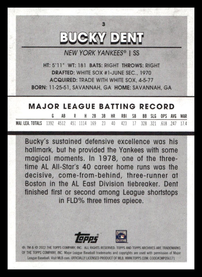 2022 Topps Archives Snapshots #3 Bucky Dent New York Yankees | eBay