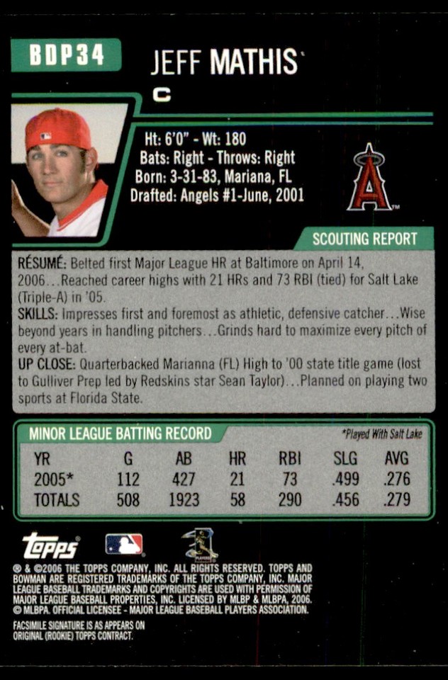 2006 BOWMAN DRAFT PICKS & PROSPECTS JEFF MATHIS LOS ANGELES ANGELS # ...