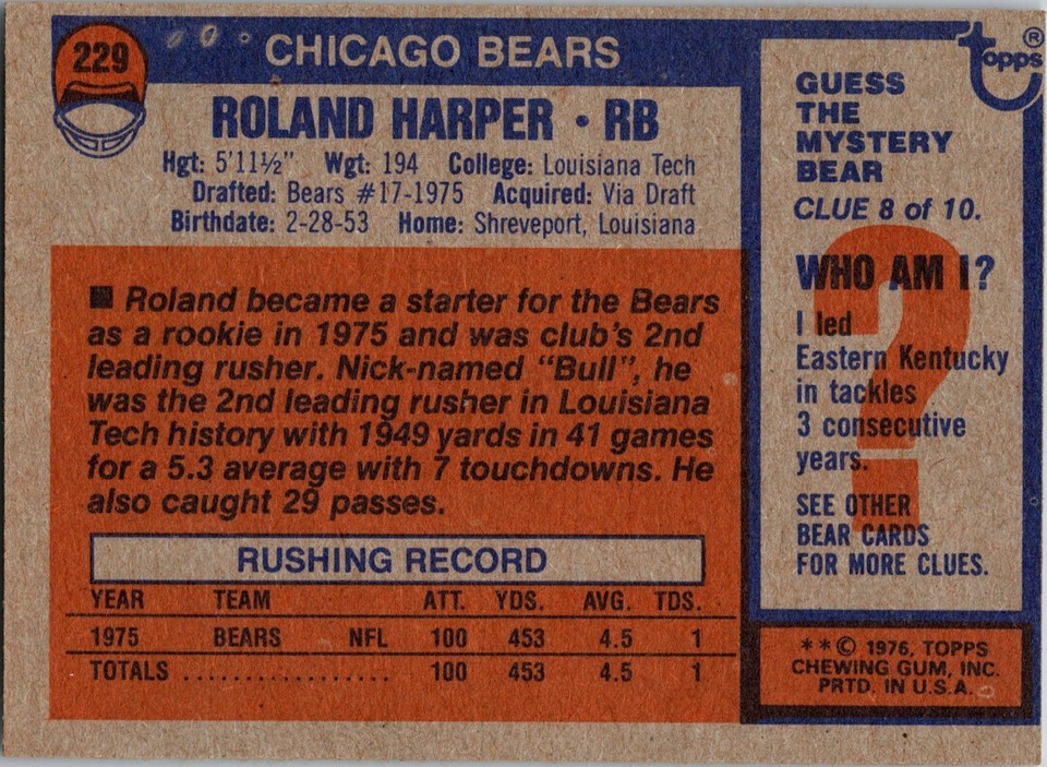 1976 Topps- Football #229 Roland Harper Chicago Bears | eBay