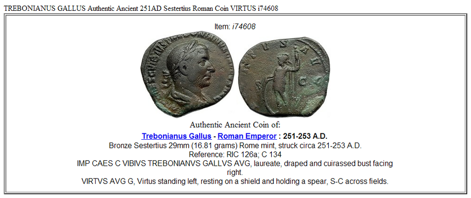 TREBONIANUS GALLUS Authentic Ancient 251AD Sestertius Roman Coin VIRTUS ...