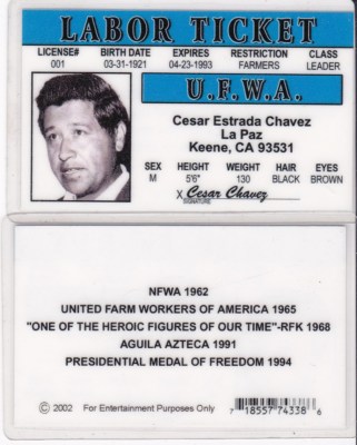 CESAR CHAVEZ of Keene CA Identification ID Card card la Paz UFWA u.f.w ...