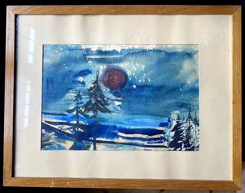 Expressionist Winter Evening Snow Fir Trees Red Sun Frame Sea Moonlight ...