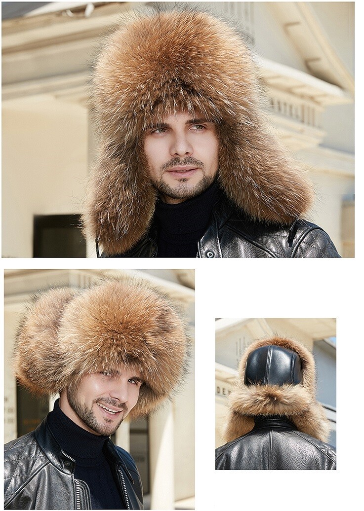 Real Fox Raccoon Fur Hat Real Sheepskin Ear flaps Cap Winter Warm ...