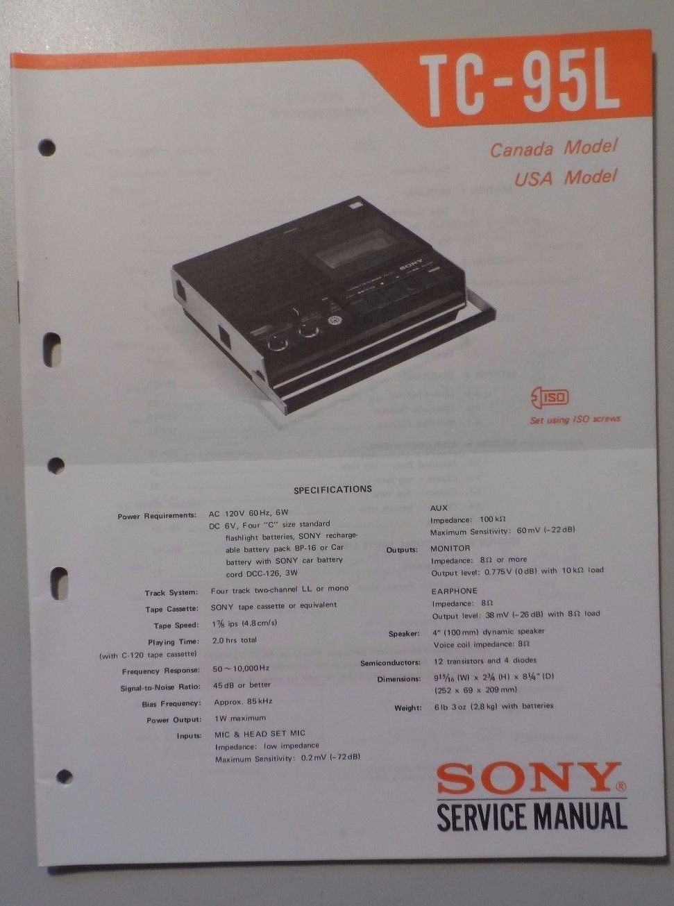 Sony Model TC-95L Cassette TapeCorder Service Manual | eBay