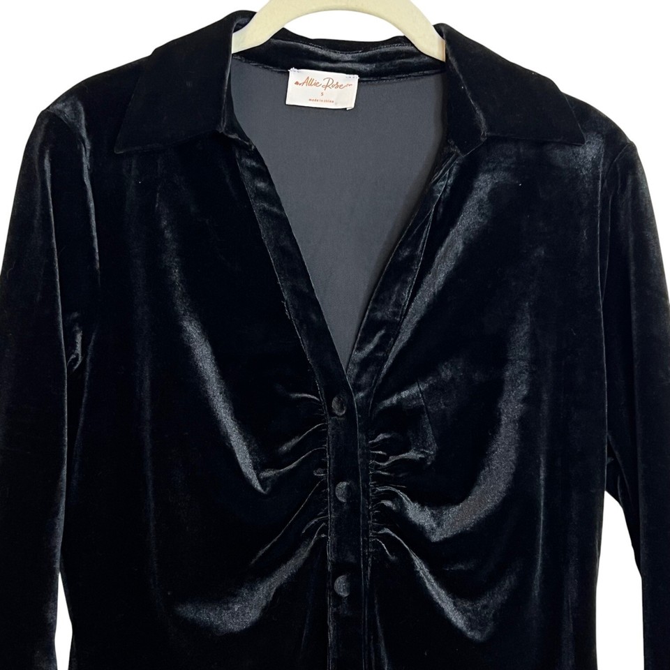 Allie Rose Womens Ruched Velvet Blouse Size Small Black Long Sleeve ...