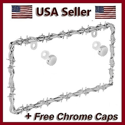 CHROME METAL BARBED WIRE CAR LICENSE PLATE FRAME 2 HOLES AUTO/TRUCK VAN ...