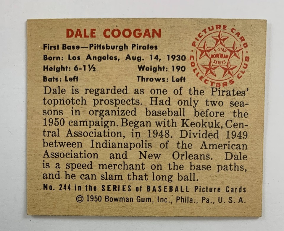 1950 Bowman Baseball #244 Dale Coogan (Pirates) BB27 | eBay