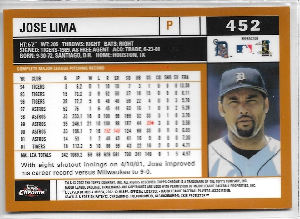 2002 Topps Chrome Jose Lima Gold Refractor Card #452 Detroit Tigers | eBay