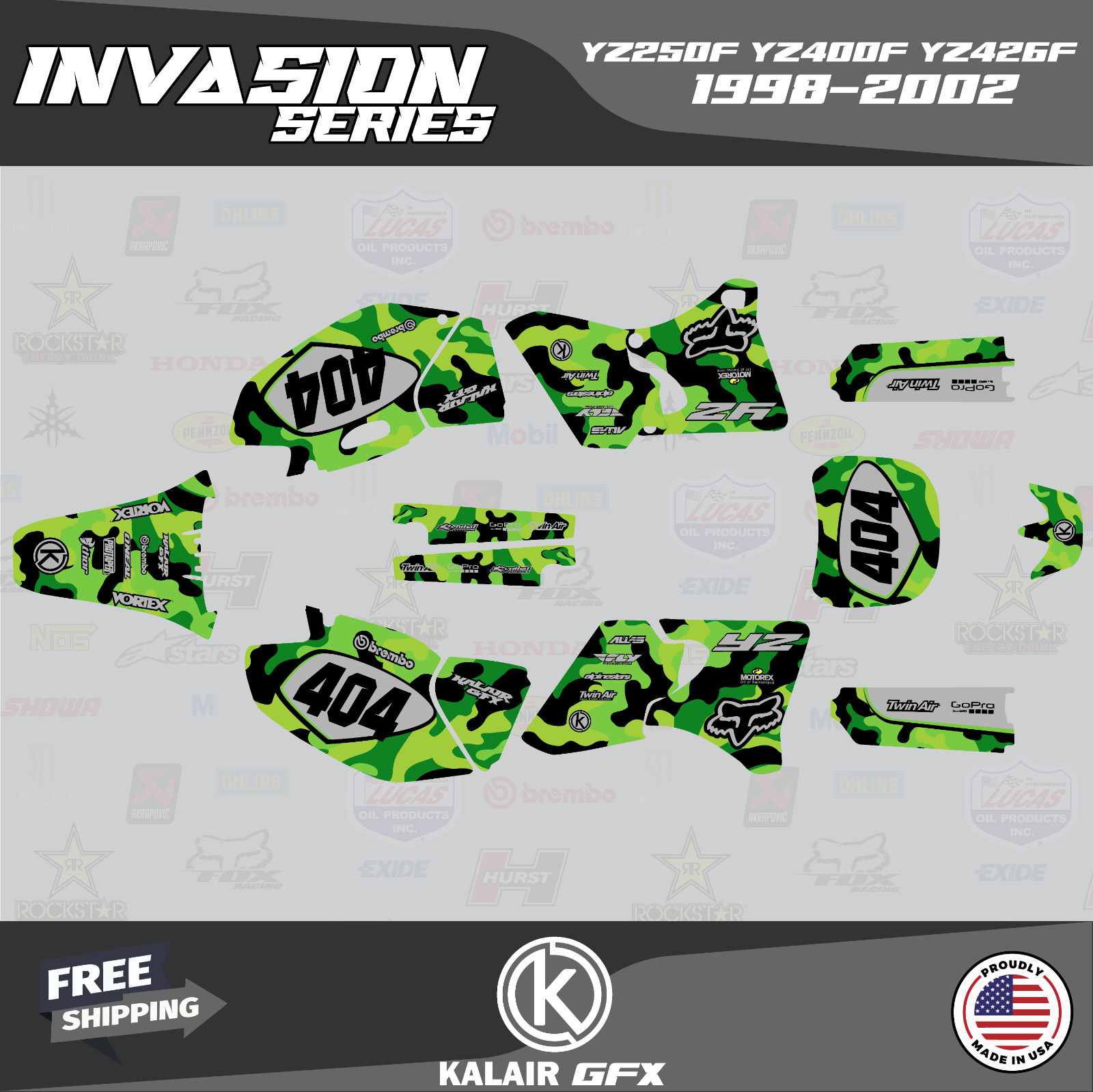 Graphics Kit for YAMAHA YZ250F YZ400F YZ426F 1998-2002 Invasion - Green ...
