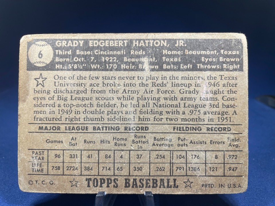 1952 Topps Baseball Low Grade Card Grady Hatton #6 Cincinnati Reds | eBay