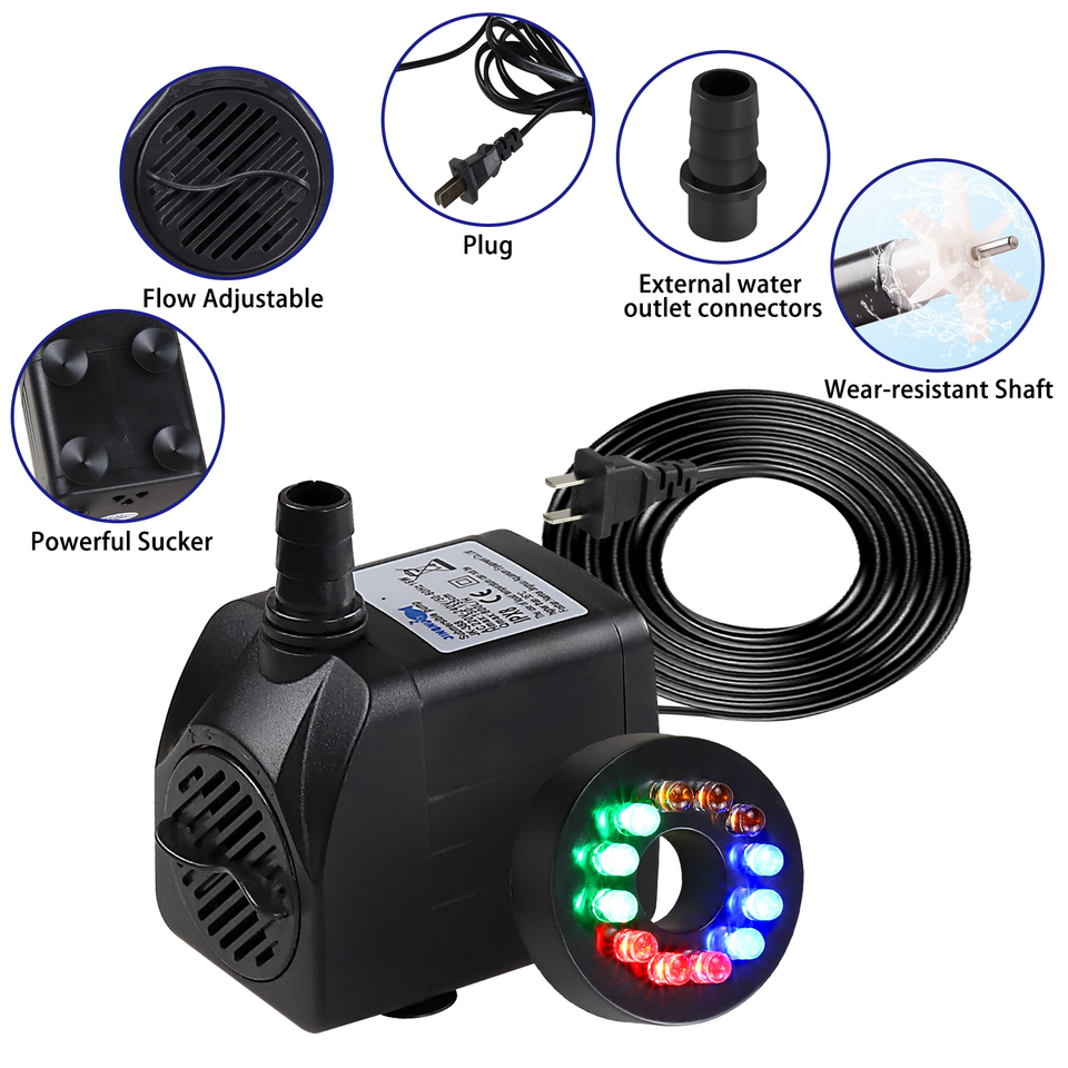 Submersible Water Pump with 12 LED 16W Lights for Fountain Pool Garden ...