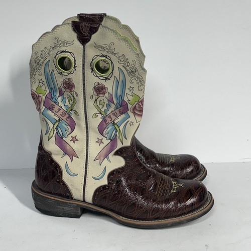 Ariat Women Boots 11B Brown Pink Ride Live Embroider Tattoo Rose ...