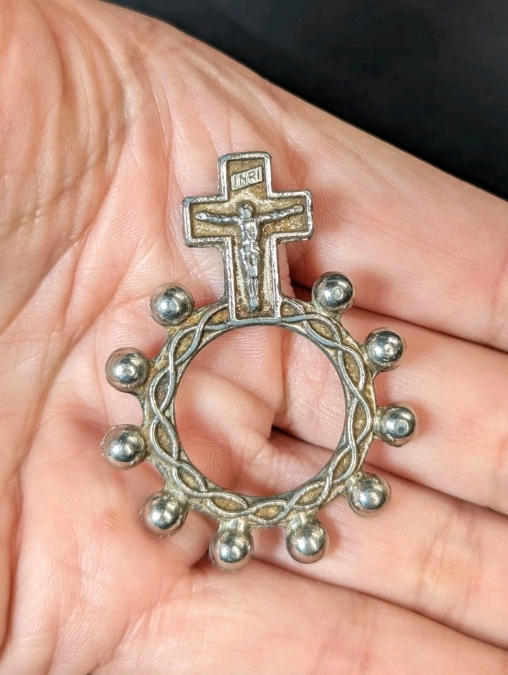 Vintage Silver Tone Finger Ring Pocket Rosary Catholic Prayer Crucifix ...