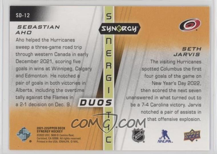 SEBASTIAN AHO SETH JARVIS 2021-22 Synergy Duos Stars Rookies Gold 41/99 ...