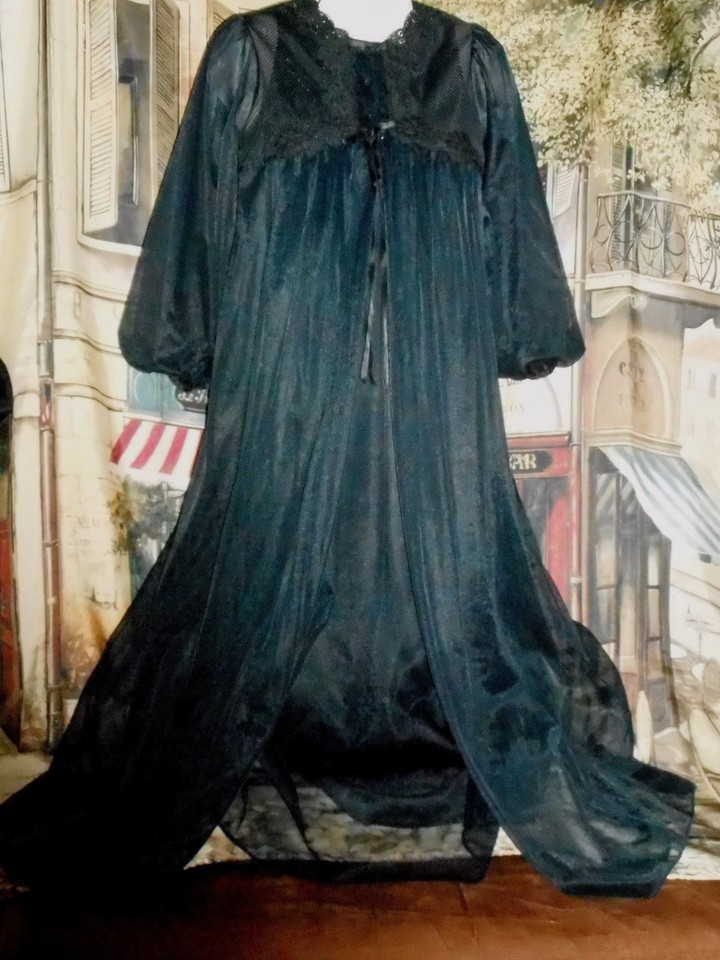 USA Small Black 2pc Peignoir Set Robe Gown Chiffon Billow Slv Crystal ...