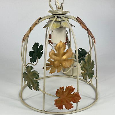Vintage French Coloured Metal Ivy Leaves Toleware Caged Pendant Ceiling ...