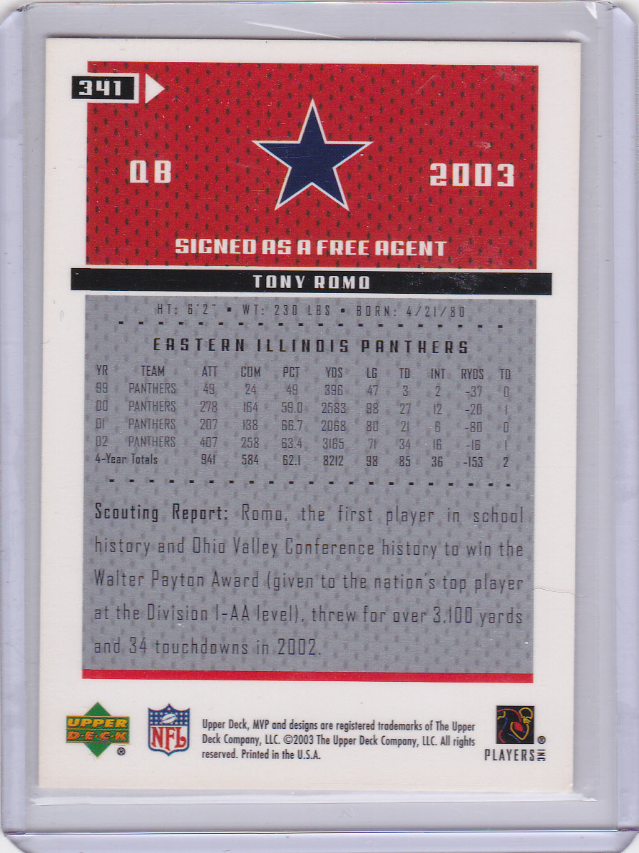 TONY ROMO ROOKIE CARD 2003 Upper Deck MVP Football NFL $$ RC Dallas ...