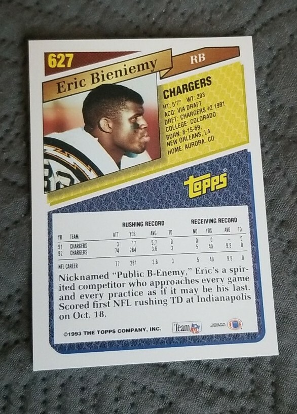 1993 Topps Football Card #627 Eric Bieniemy - San Diego Chargers | eBay