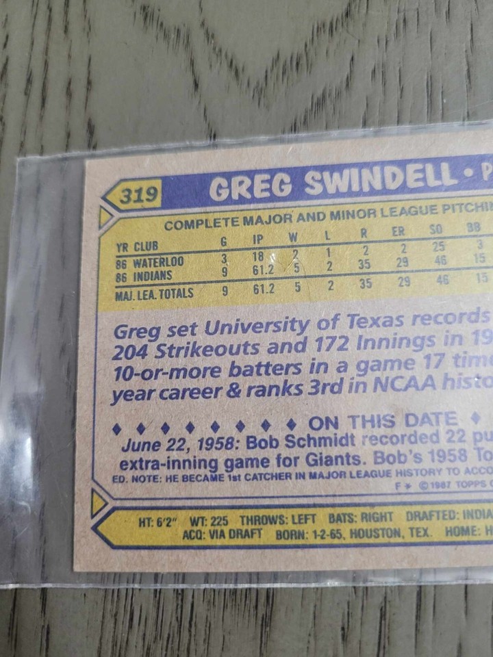 1987 Topps Greg Swindell Cleveland Indians #319 Error Rookie RC ...