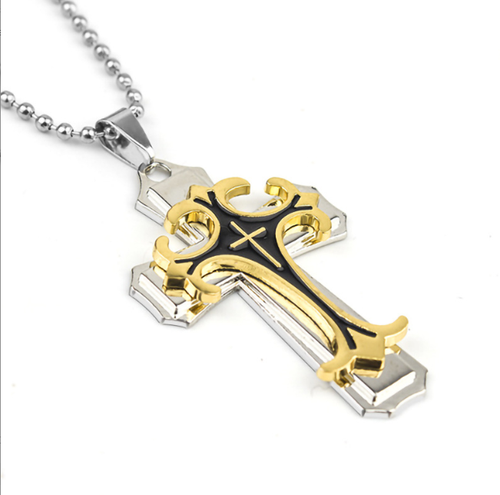 Golden Three Layer Cross Pendant Necklace for Men with Bead Chain ...
