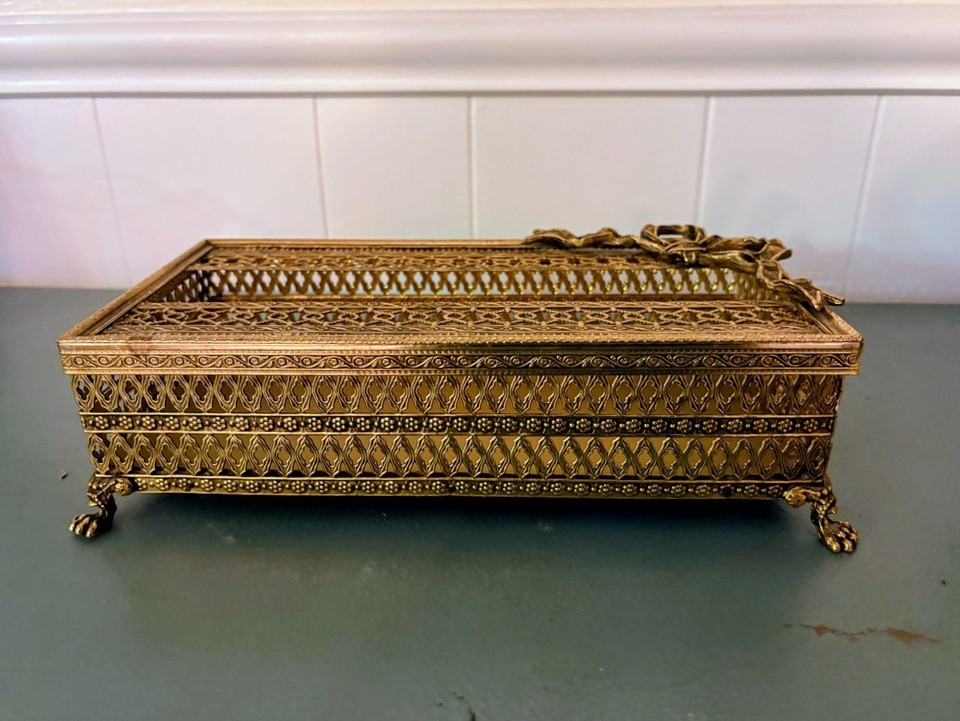 Ornate Gold Tone Filigree Tissue Box Cover Floral Corners Footed Vanity ...