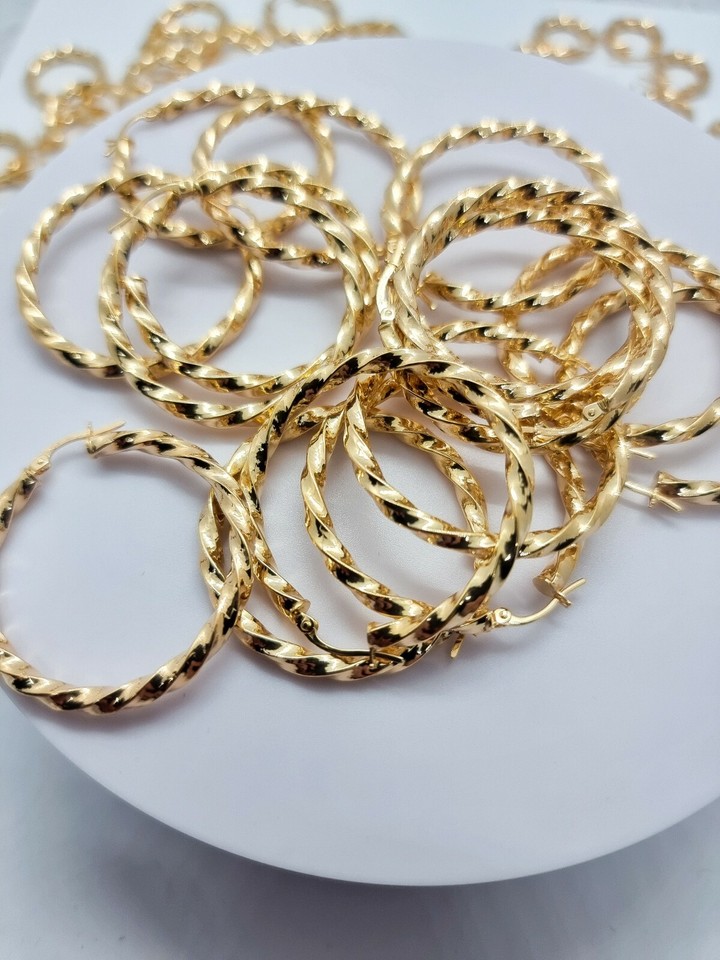 9CT GOLD HOOP EARRINGS ROUND 36MM TWISTED SQUARE TUBE CREOLE SLEEPER ...