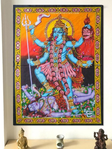 hindu death goddess kali shiva sequin wall hanging ethnic decor batik ...