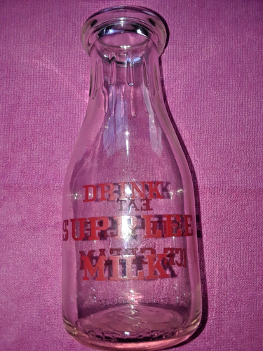 SUPPLEE VINTAGE MILK BOTTLE QUART DRINK SUPLEE MILK EAT SUPPLEE ICE ...