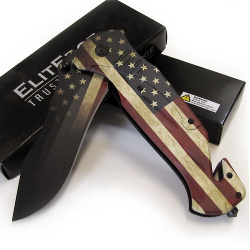 ElitEdge Spring Assisted Knife Rustic American Flag Design Folder 10 1/ ...