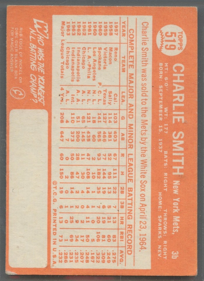 1964 Topps #519 Charlie Smith New York Mets | eBay