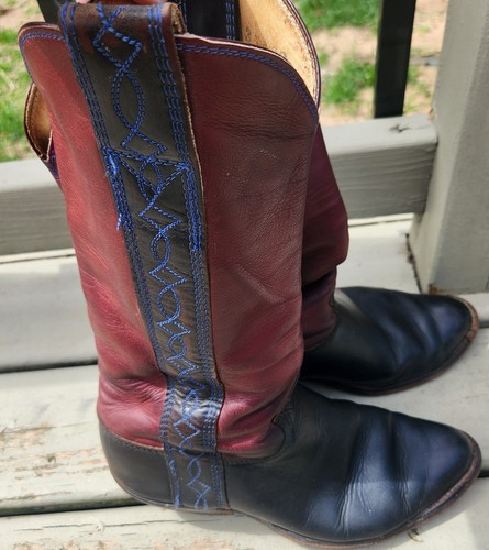 Don Diego Vintage Leather Cowboy Western Boots Red & Blue Embroidery 9 ...