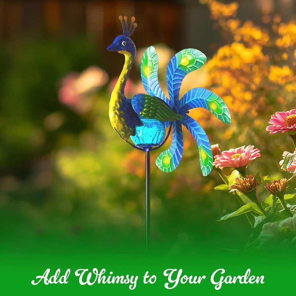 G128 Solar 38IN Peacock Metal Yard Wind Spinner Stake with LED Lights ...
