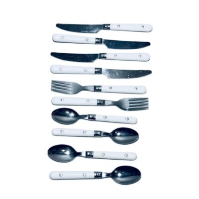 Vintage Ten (10) Pcs White Handle Flatware 4 Knives 4 Spoons 2 Forks ...