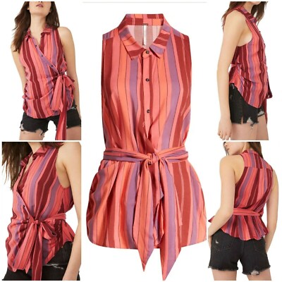 Free People Small Mackenzie Wrap Top Button-Up Tie Sleeveless Striped ...