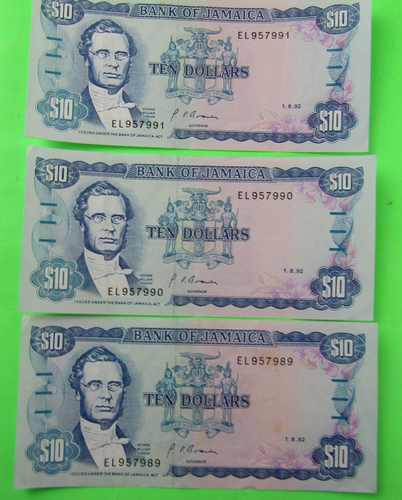 JAMAICA, 10 DOLLARS X 3, P#71d, 3 pc in sequence, 1992 | eBay