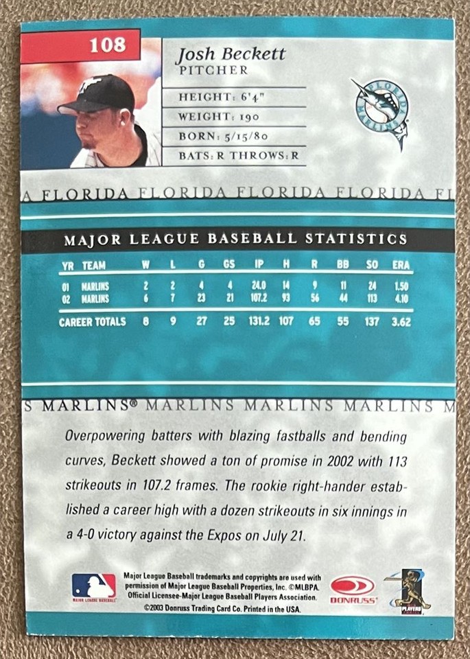 2003 Donruss Elite Josh Beckett Florida Marlins #108 MLB Baseball Card | eBay