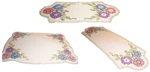Vintage Hand Embroidered Tablecloth & 2 Table Runners – Beige ...