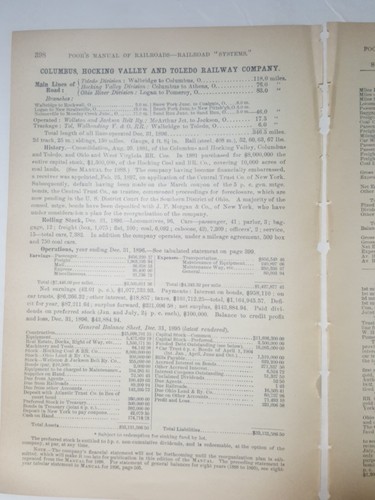 1897 Original Zugbericht COLUMBUS HOCKING VALLEY & TOLEDO RAILROAD ...