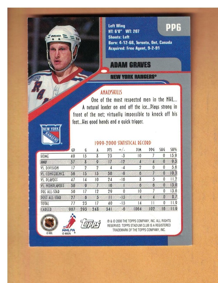 Adam Graves AUTOGRAPHED 2000-01 STADIUM CLUB PROMO HOCKEY CARD SIGNED ...