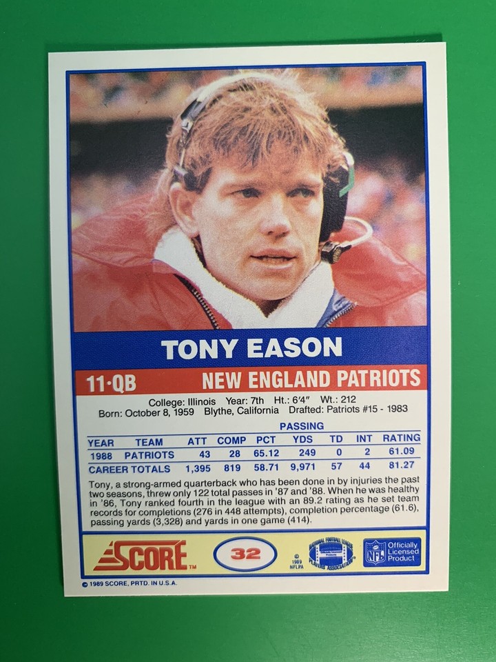 1989 Score Tony Eason #32 New England Patriots | eBay
